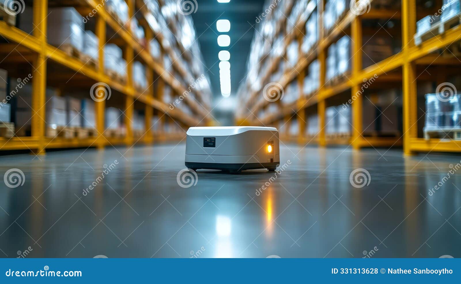 Autonomous Robot In Modern Warehouse Aisle Stock Photo | CartoonDealer.com #331313628