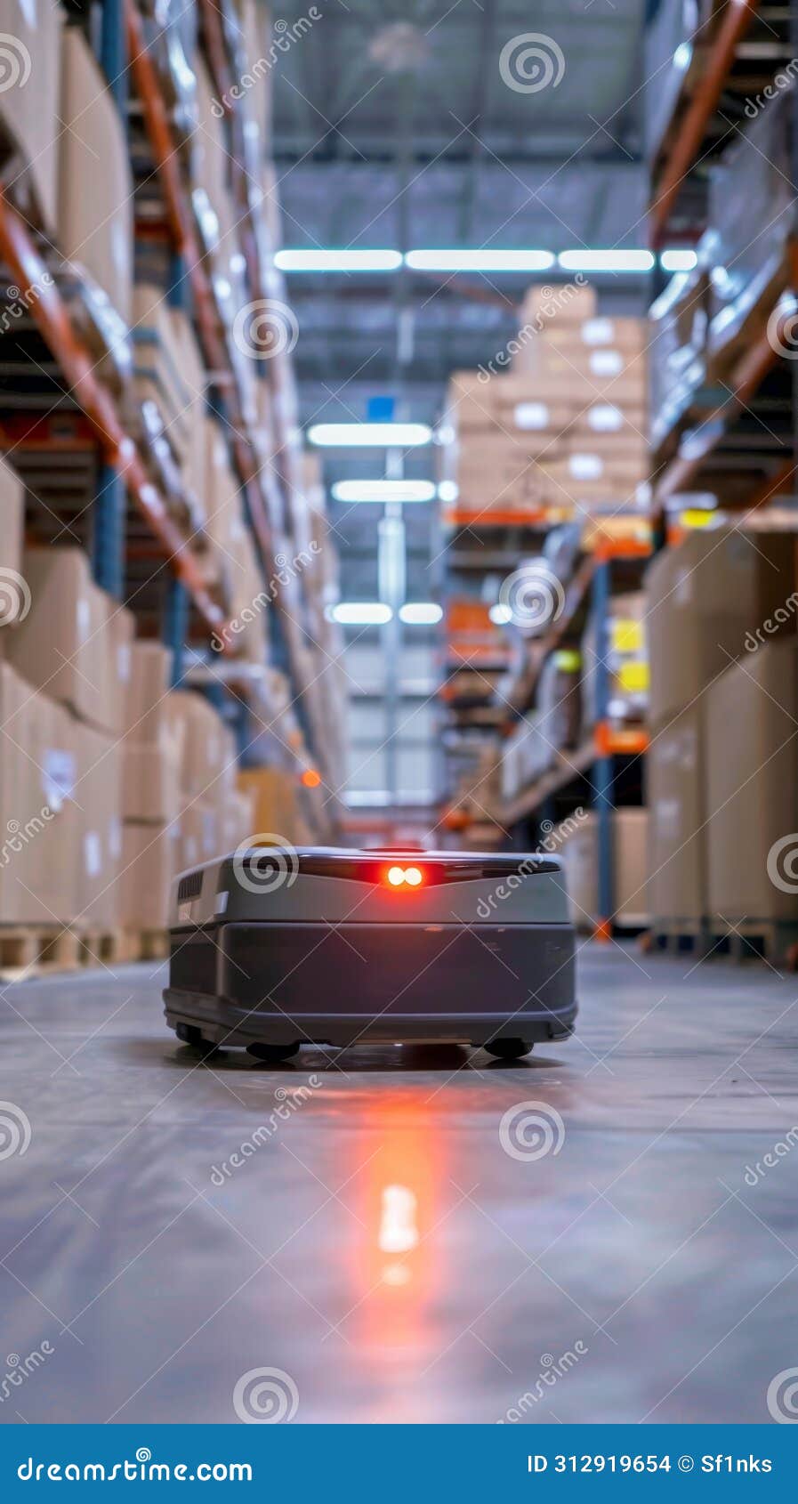 An Autonomous Robotic Ground Vehicle Glides through a Warehouse, Red ...