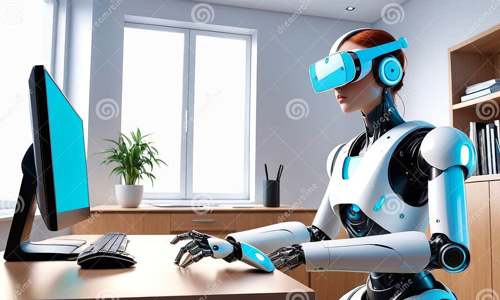 Autonomous Robotic Office Worker Using Computer Stock Image - Image of ...