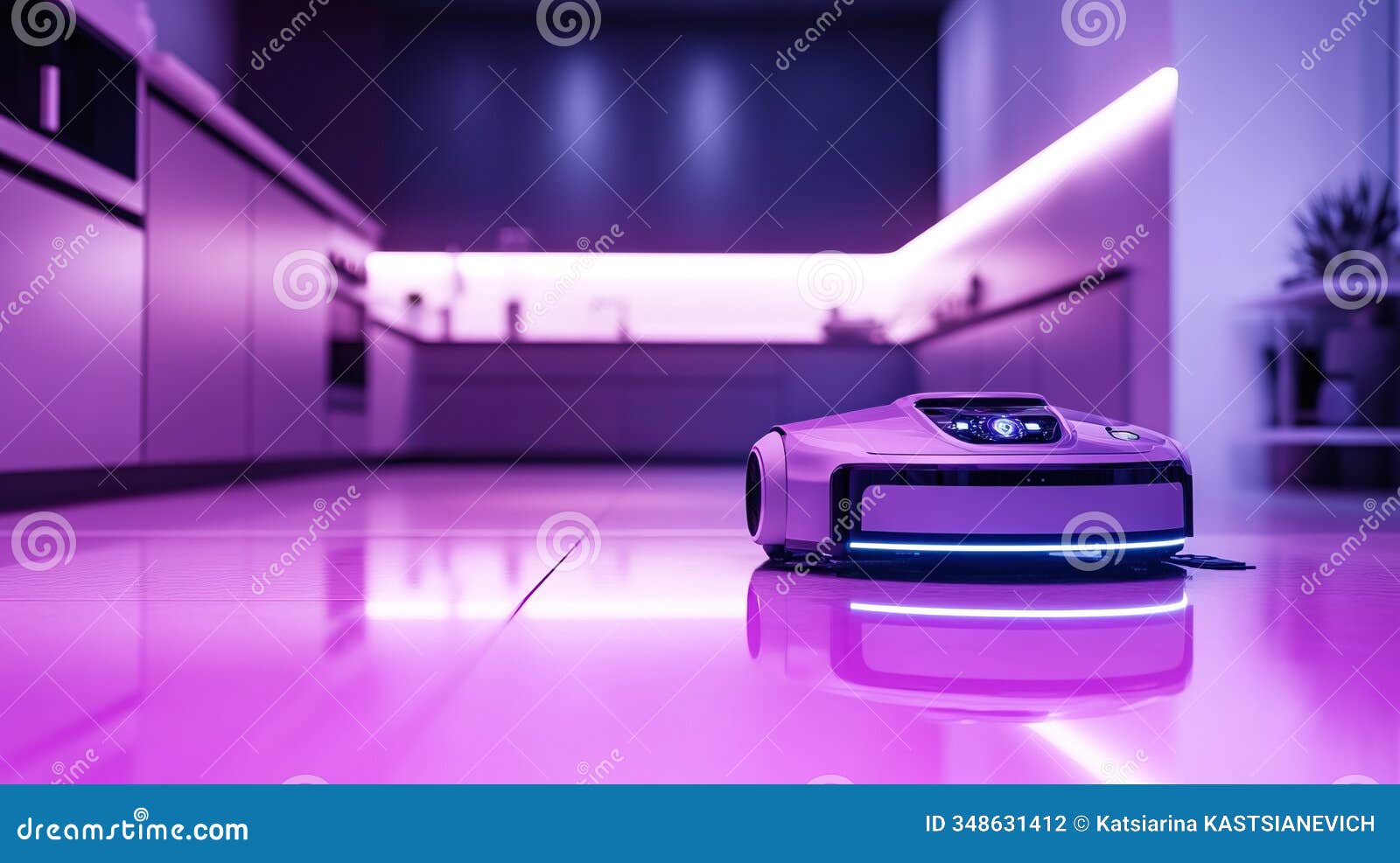 Autonomous Robotic Vacuum Cleaner in Modern Kitchen at Night - House ...