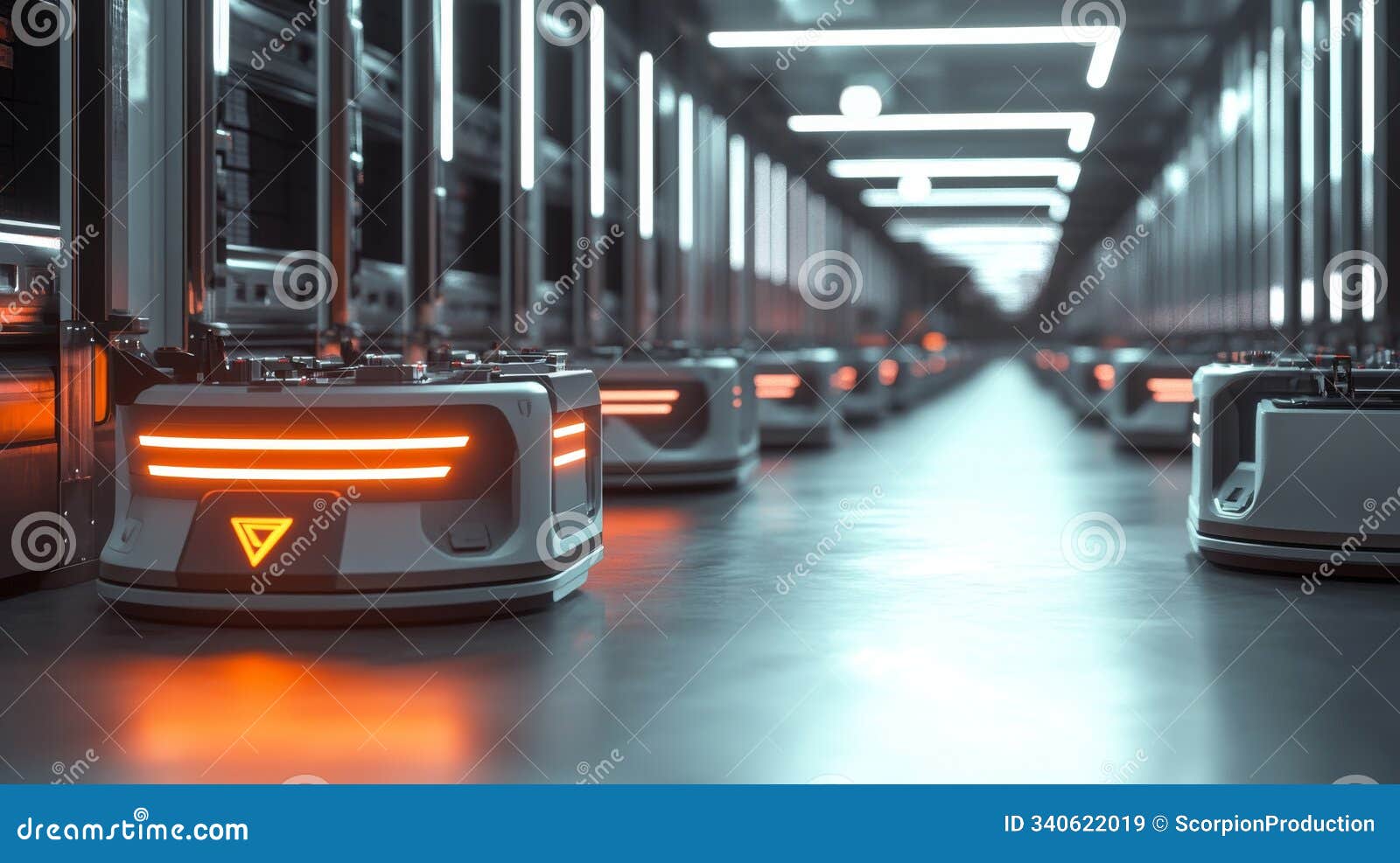 Autonomous Robots in a Futuristic Server Room with Neon Lights Stock ...