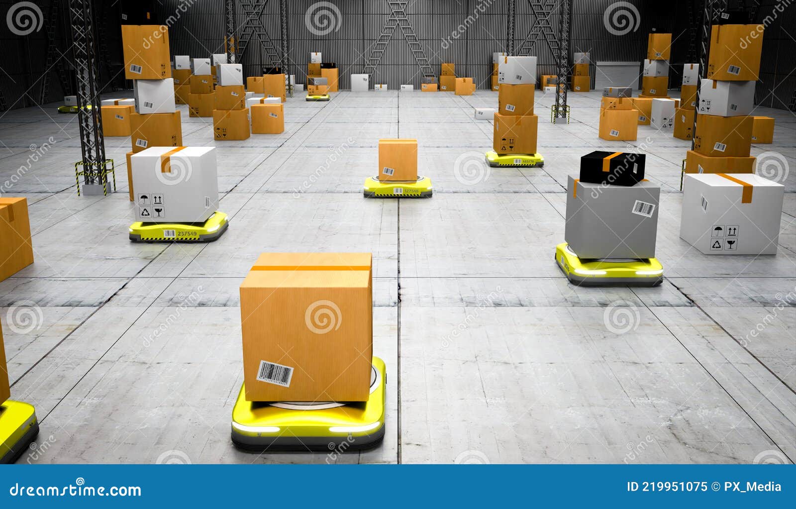 Autonomous Robots Moving Packages in Warehouse Stock Illustration ...