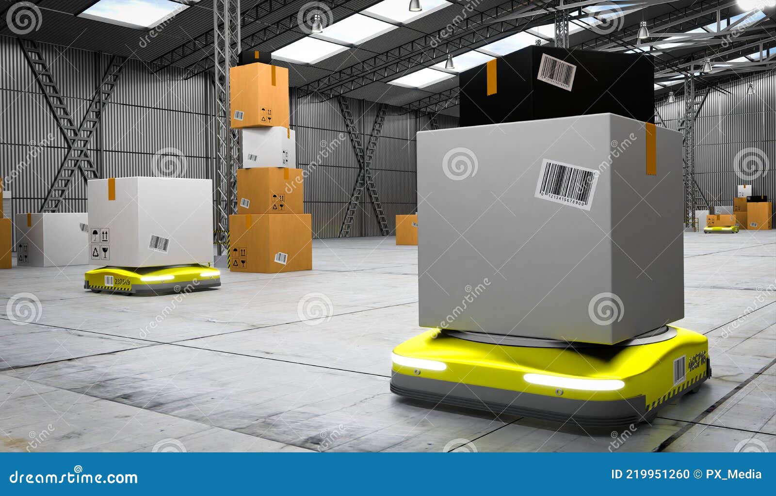 Autonomous Robots Moving Packages in Warehouse Stock Illustration ...