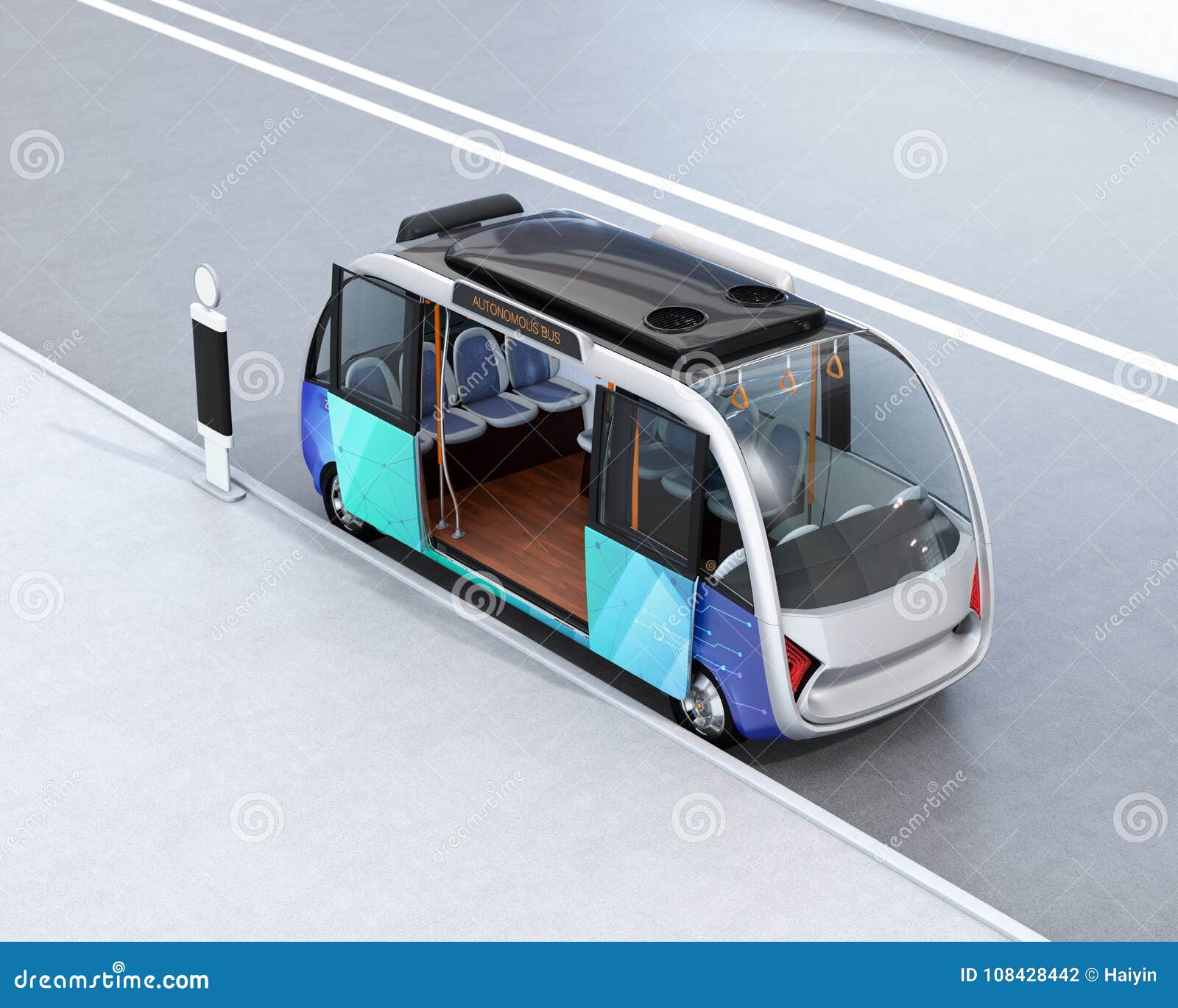 Autonomous Shuttle Bus Waiting at Bus Station Stock Illustration ...