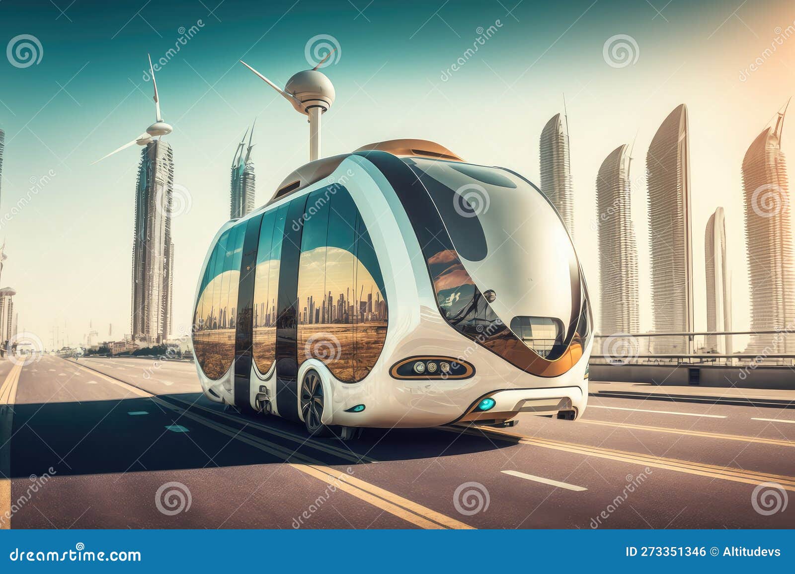 Autonomous Shuttle Transporting Passengers through Futuristic Cityscape ...