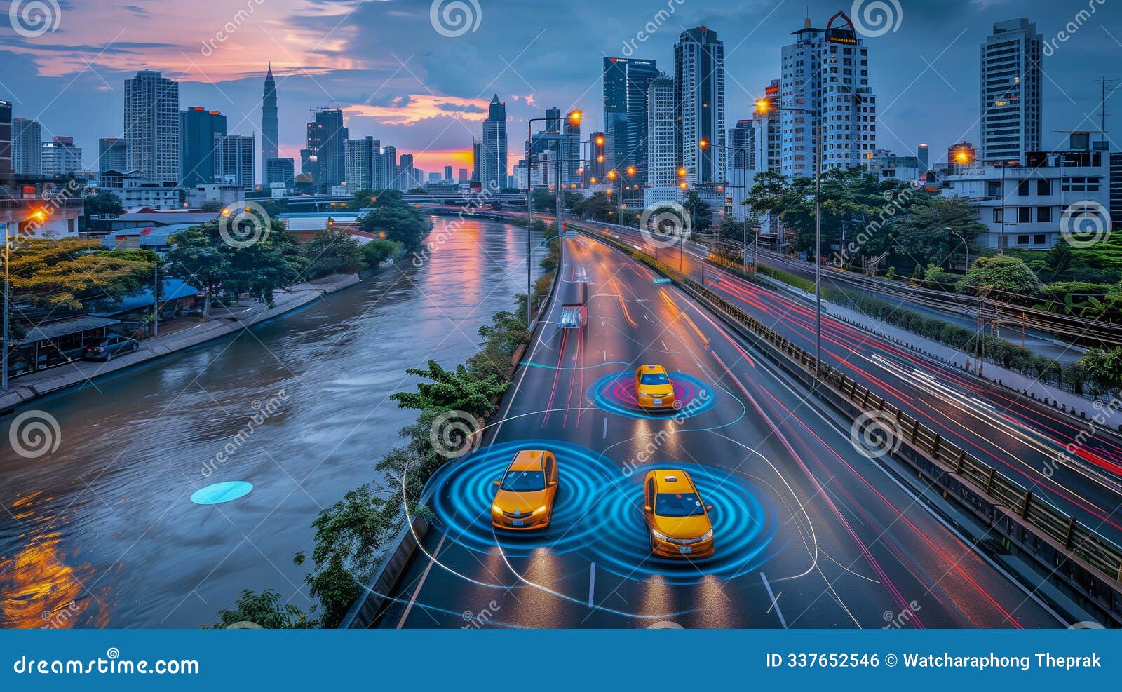 Autonomous Taxis Navigating a Smart City Road at Sunset Stock ...
