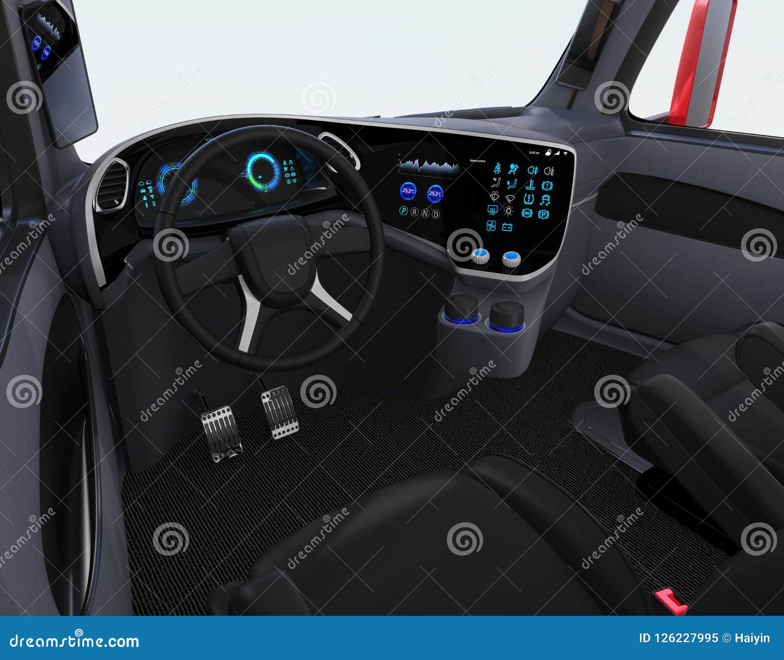 Autonomous Truck Interior With Black Seats And Touch Screen Instrument ...
