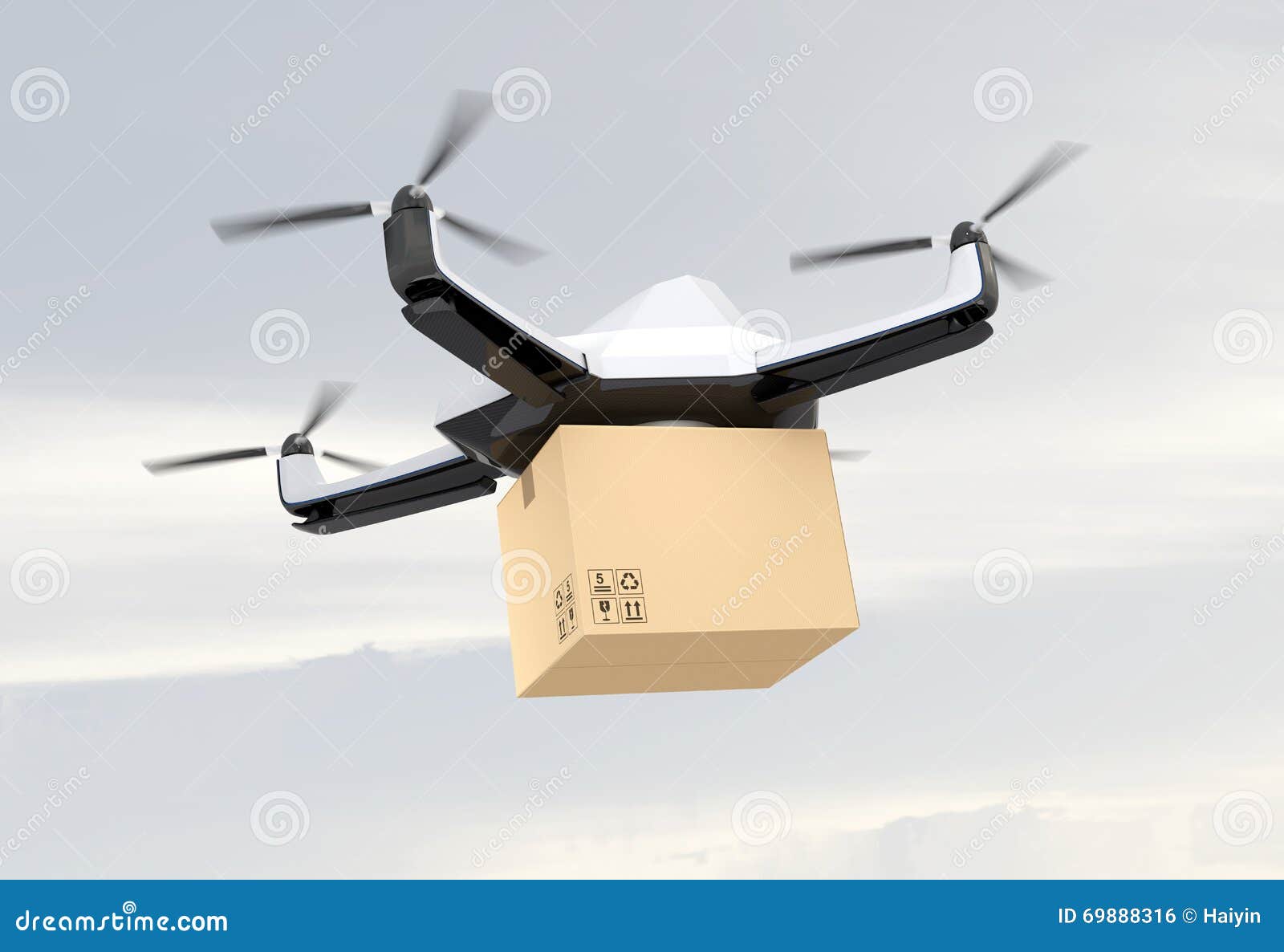 Autonomous Unmanned Drone Delivering Cardboard Box in the Sky Stock ...