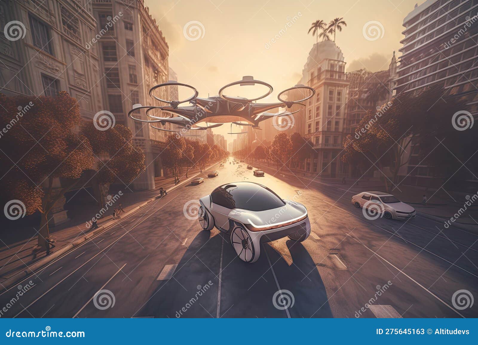 Autonomous Vehicle Drives through City, while Drones Fly Above ... Autonomous Vehicle Drives through City, while Drones Fly Above ...