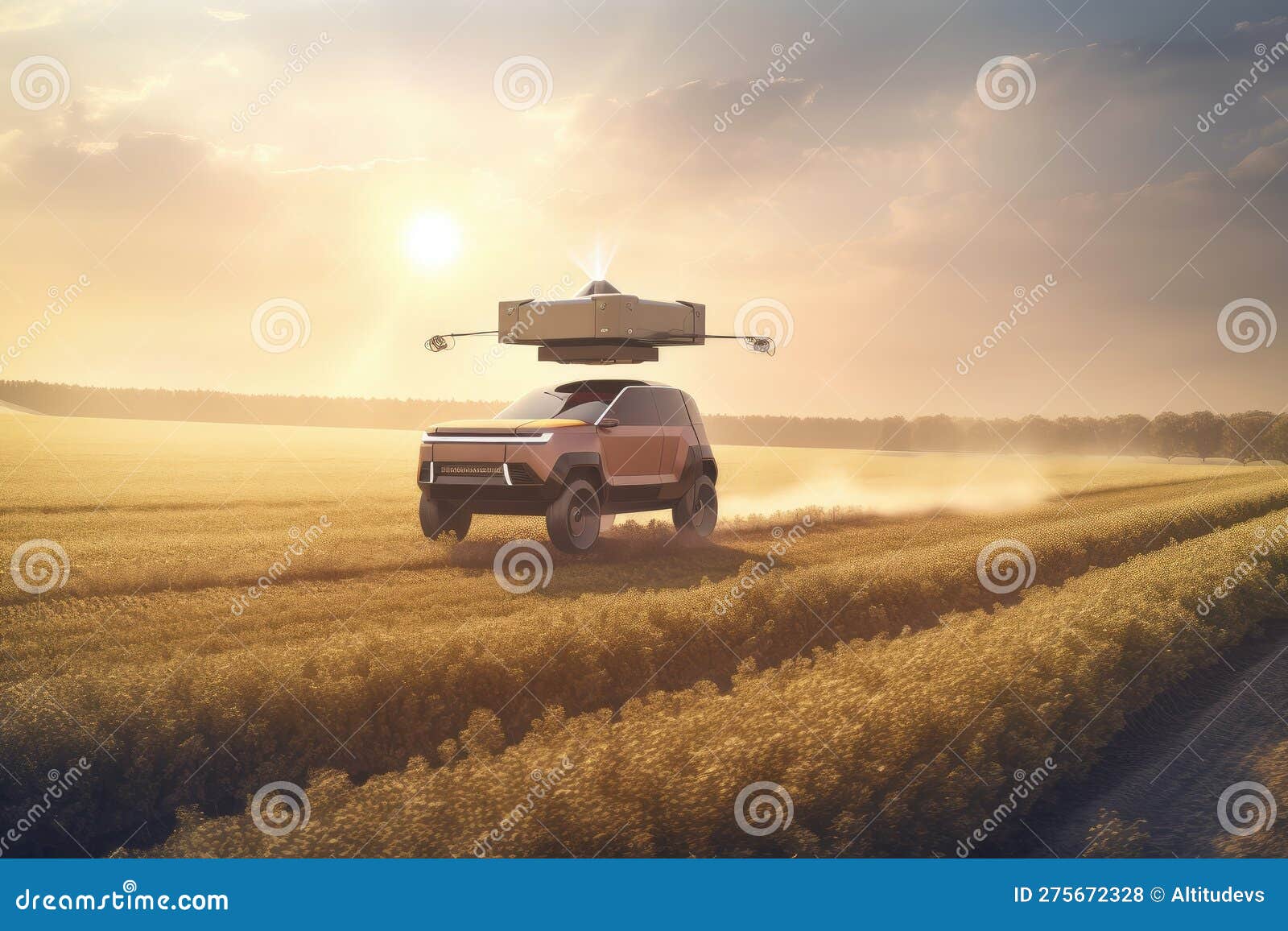 Autonomous Vehicle, with Drone Transporting Package Over Expansive ...