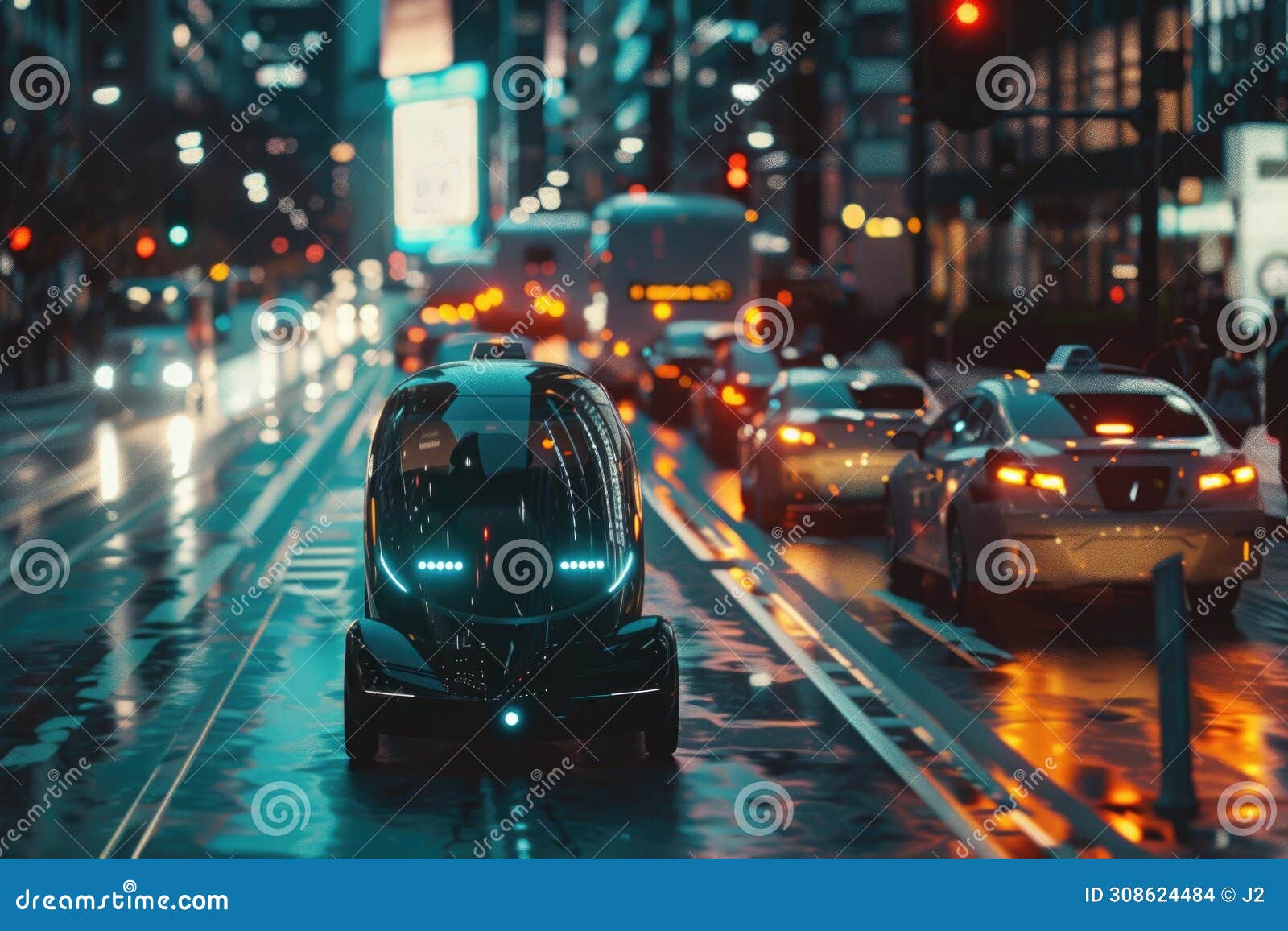 Autonomous Vehicle Navigating Rainy Night Streets with Neon City Lights ... Autonomous Vehicle Navigating Rainy Night Streets with Neon City Lights ...