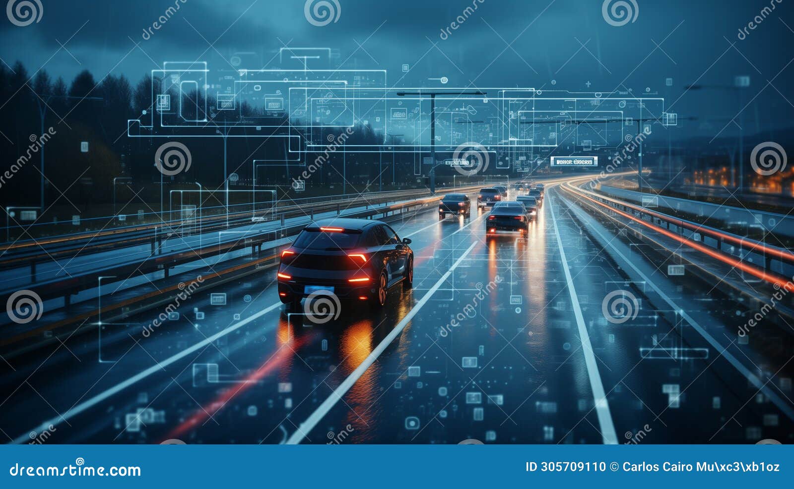 Autonomous Vehicle Technology on the Highway Stock Illustration ...