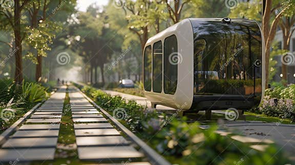 Autonomous Vehicle on a Tree-Lined Path Stock Image - Image of track ...