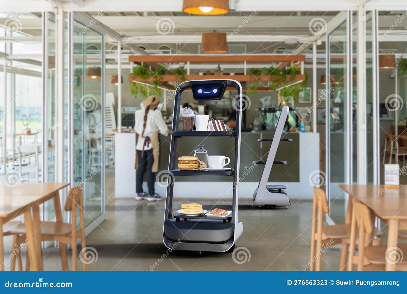 Autonomous Waiter Robot Working in Restaurant, Artificial Intell Stock ... Autonomous Waiter Robot Working in Restaurant, Artificial Intell Stock ...