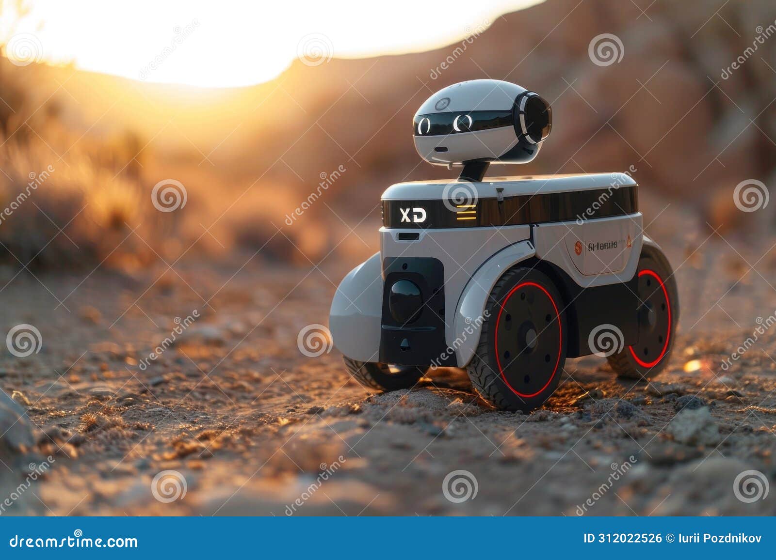 Autonomous White Robot Navigating Sandy Terrain during Majestic Sunset ...