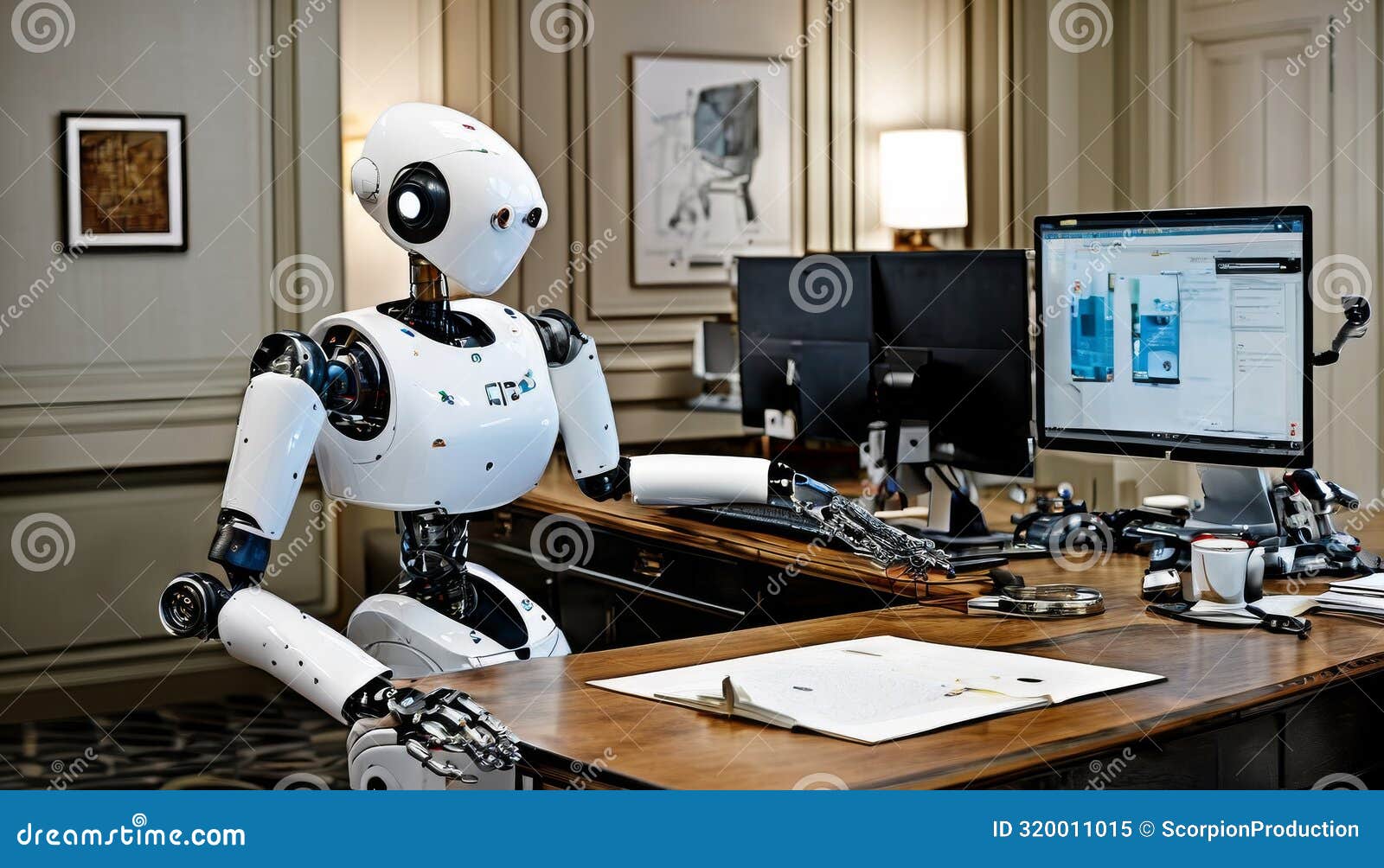 Robot Working at an Office Desk Stock Image - Image of futuristic ...