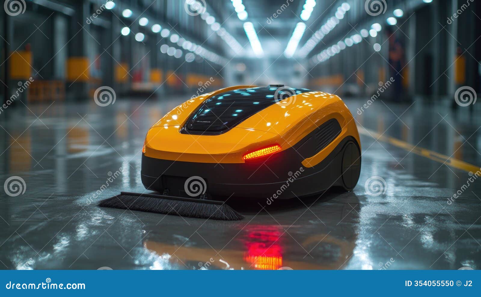 Autonomous Yellow Robot Sweeper in Industrial Warehouse Setting Stock ...
