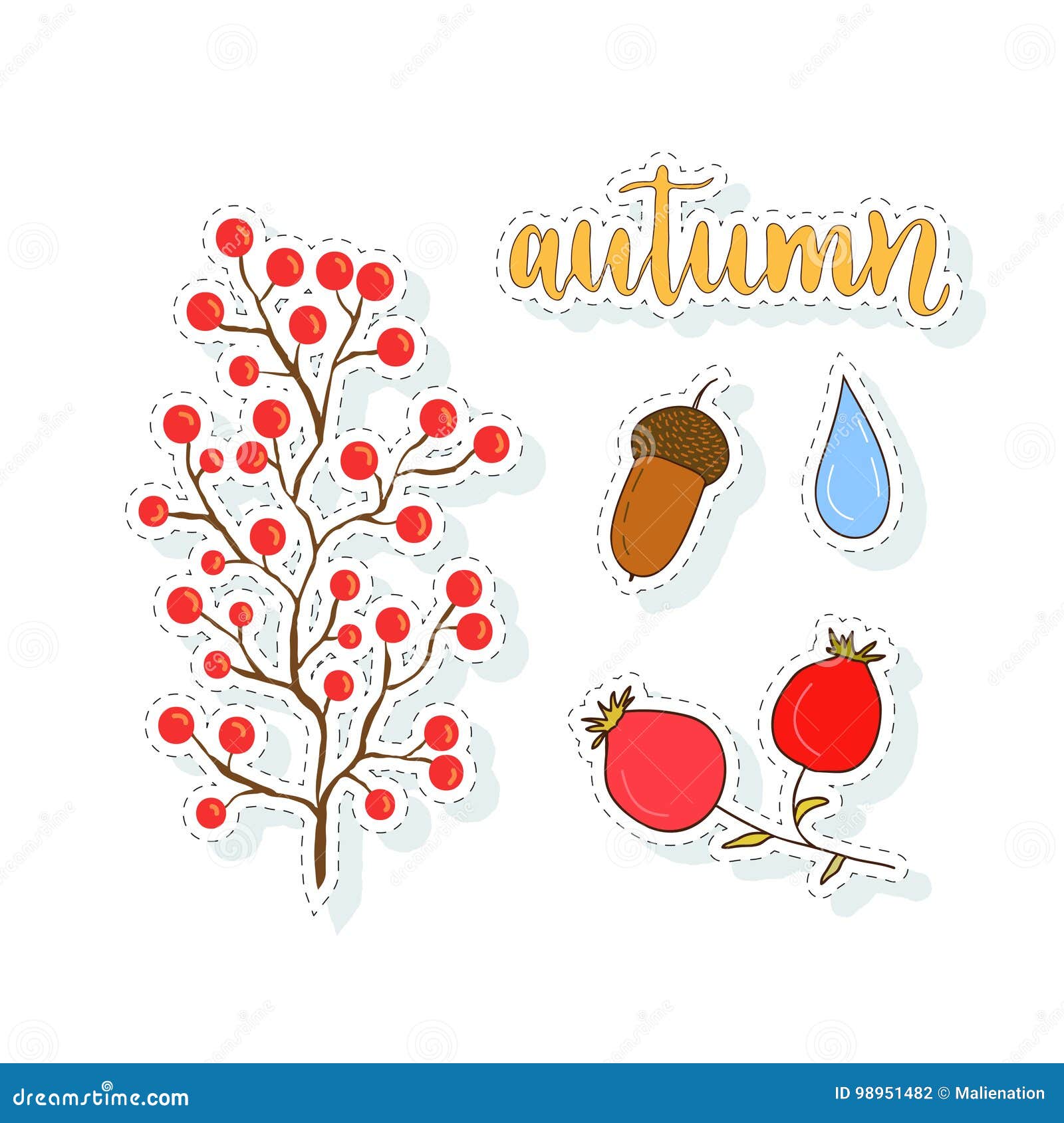 Autum Stickers Set with Berries and Acorn. Vector Collection for Design ...