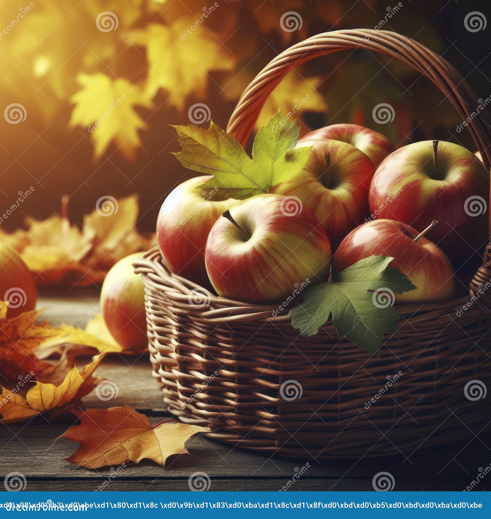 Autumn Apples in the Basket on Autumn Leaves Background with Copy Space ...