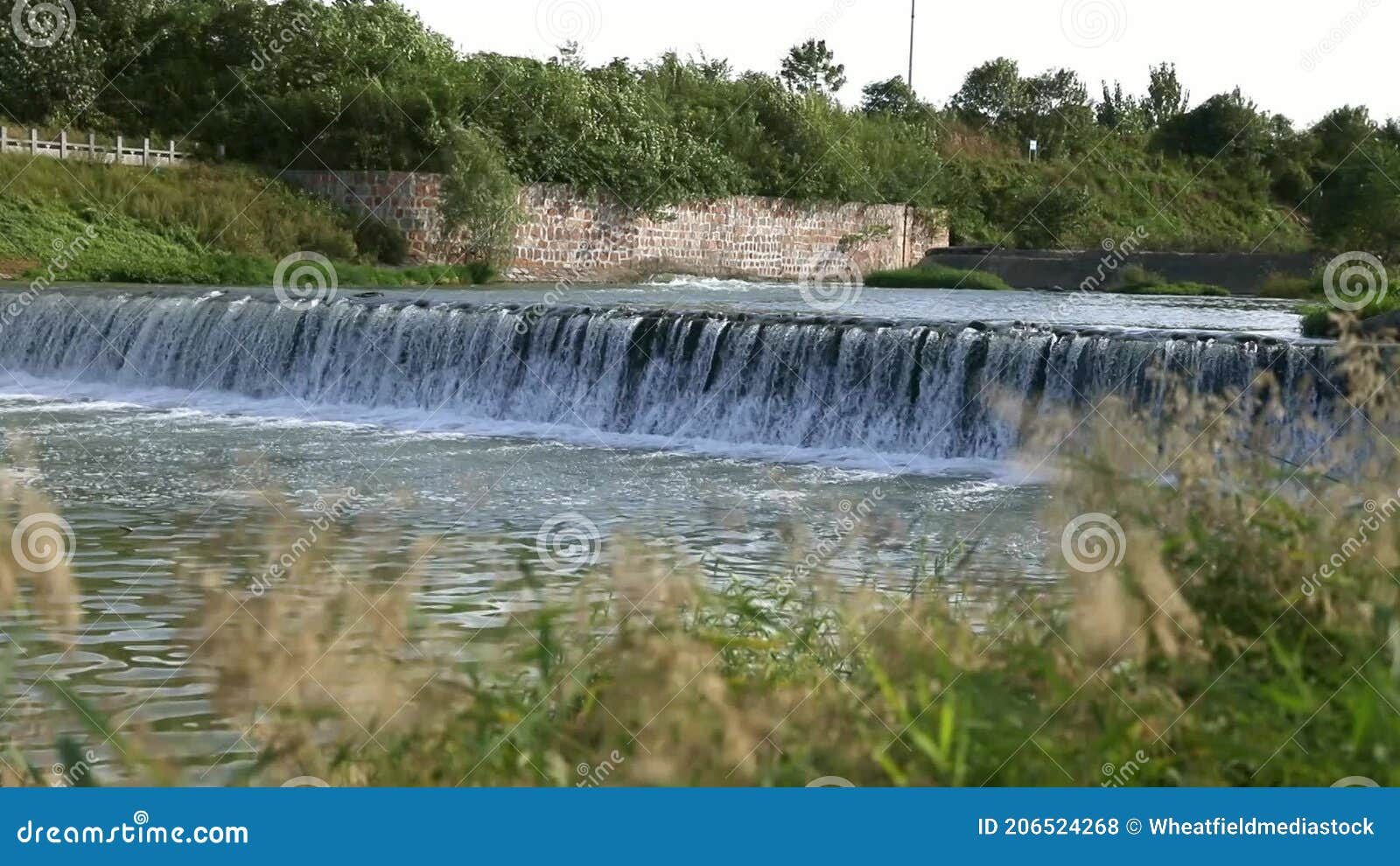 Autumn Artificial Stream Waterfall, Trees and Grass on the Bank of Dam ...
