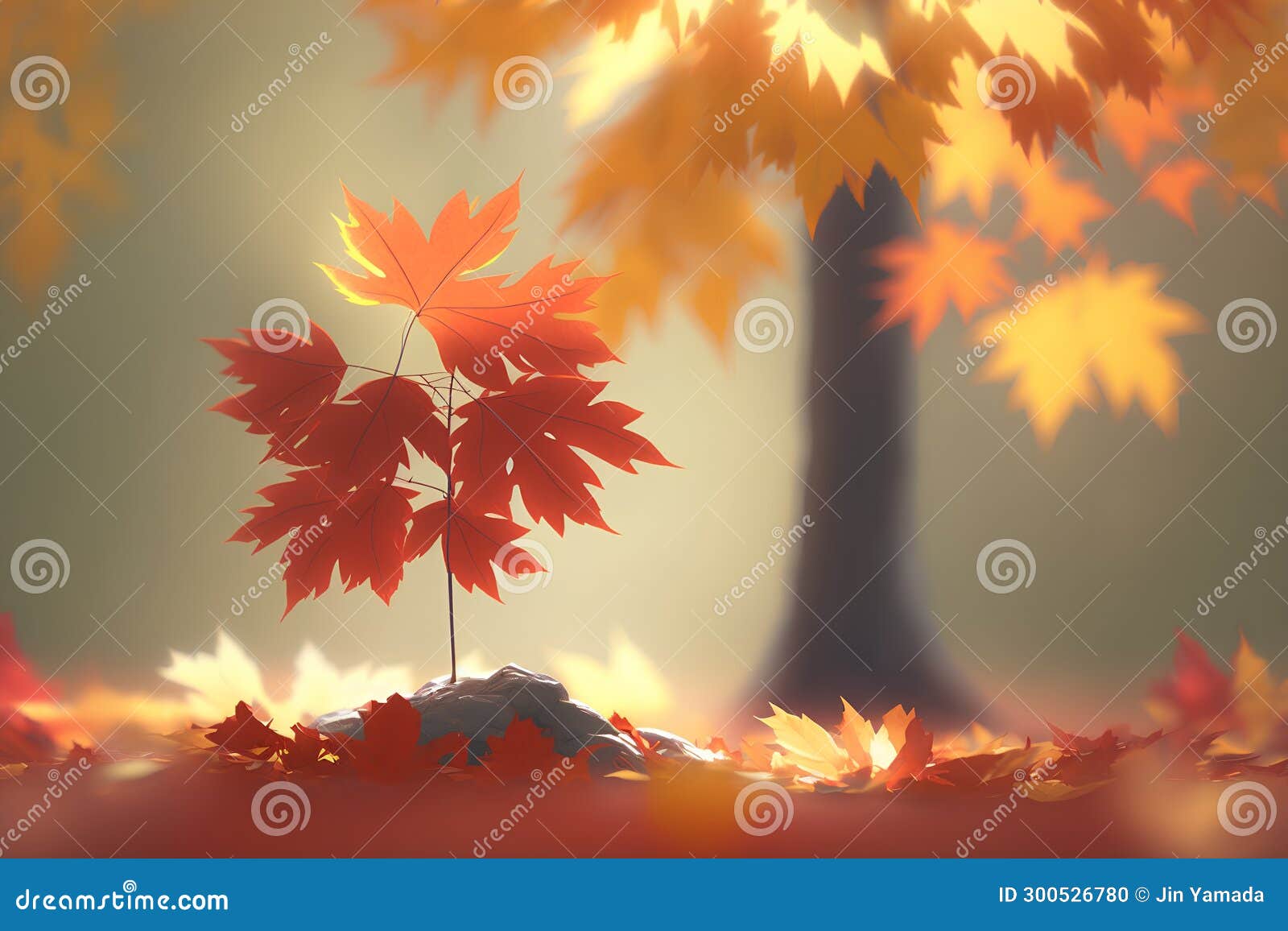 Autumn Background with Maple Tree and Falling Leaves. 3d Render Stock ...