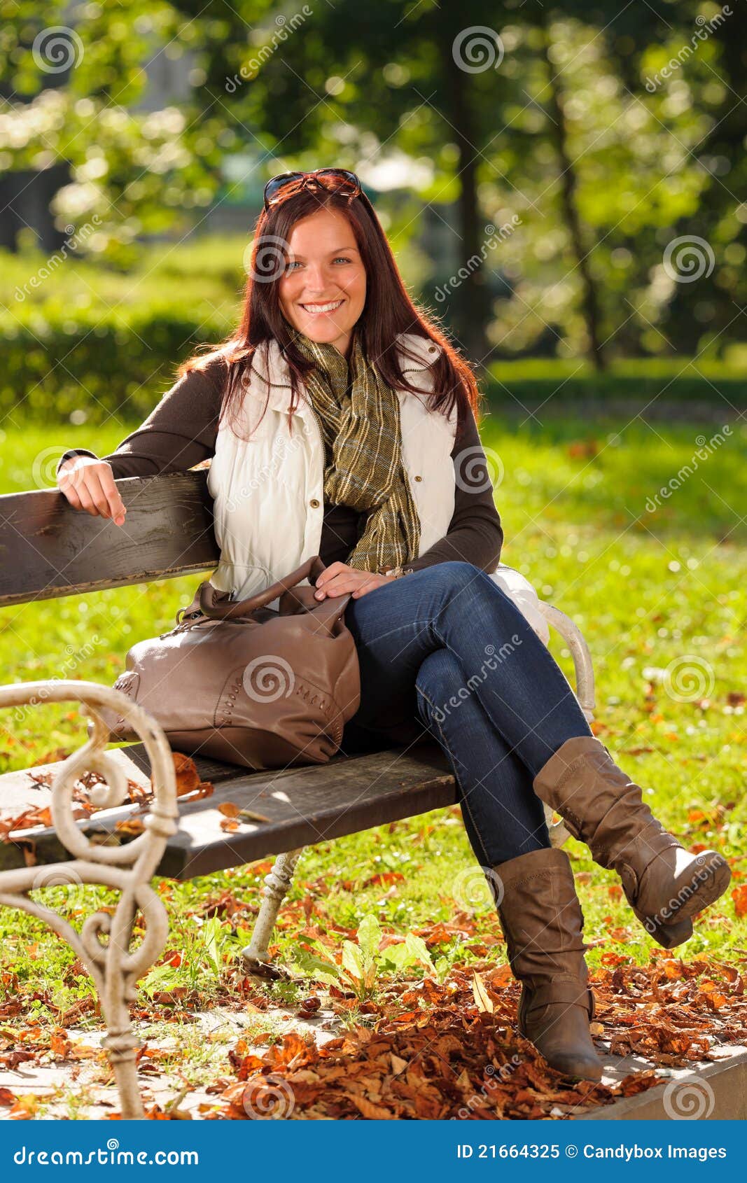 Autumn Beautiful Woman Sit on Bench Park Stock Image - Image of ...