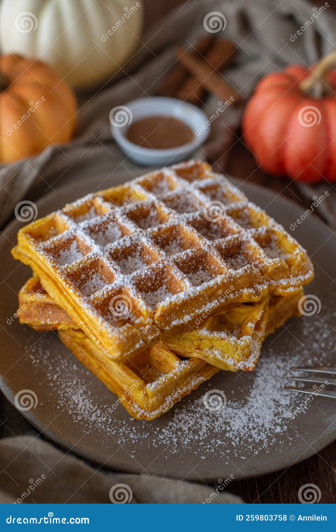 Autumn Breakfast with Pumpkin Waffles on Table Stock Photo - Image of ...