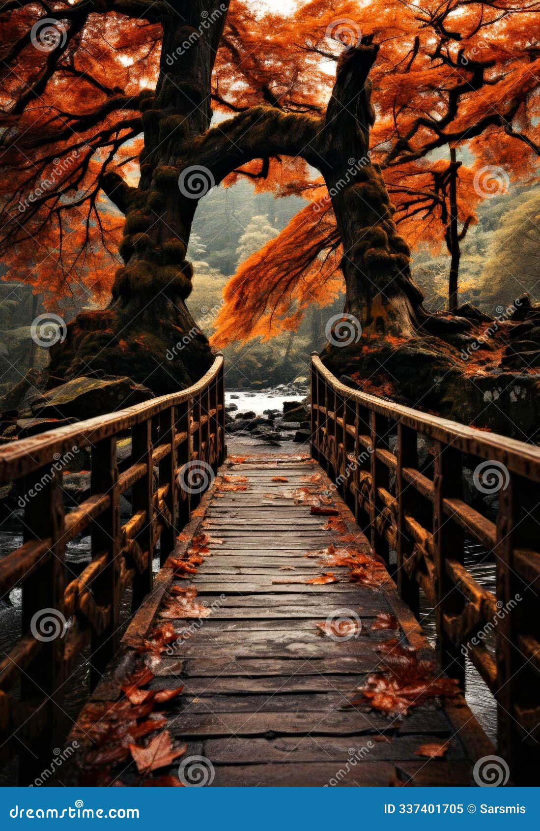 Autumn Bridge Pathway through Enchanted Forest with Vibrant Fall ...