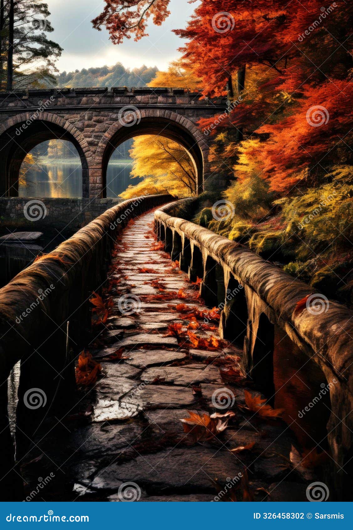 Autumn Bridge Pathway with Vibrant Foliage and Historic Stone Arch ...
