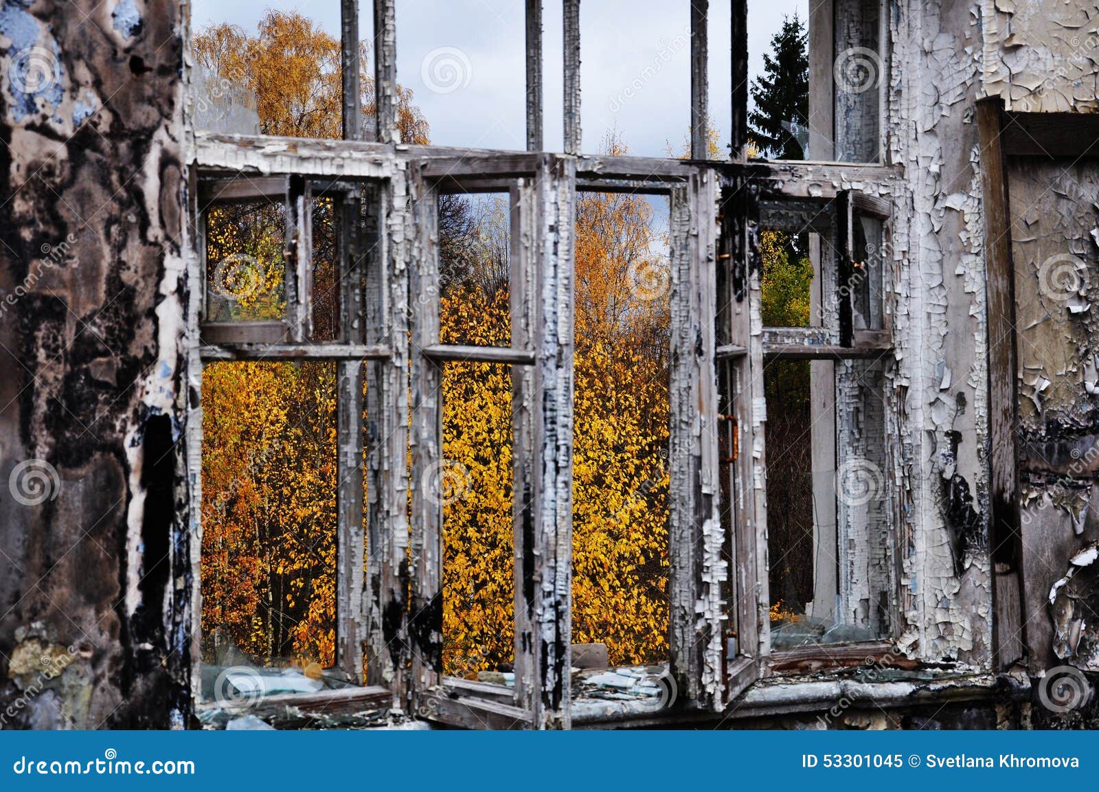 Autumn in the Burned-out Window Stock Image - Image of window, yellow ...