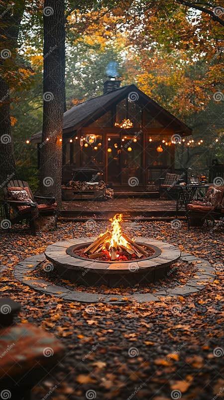 Autumn Cabin Backyard Fire Pit Illustration Stock Illustration ...