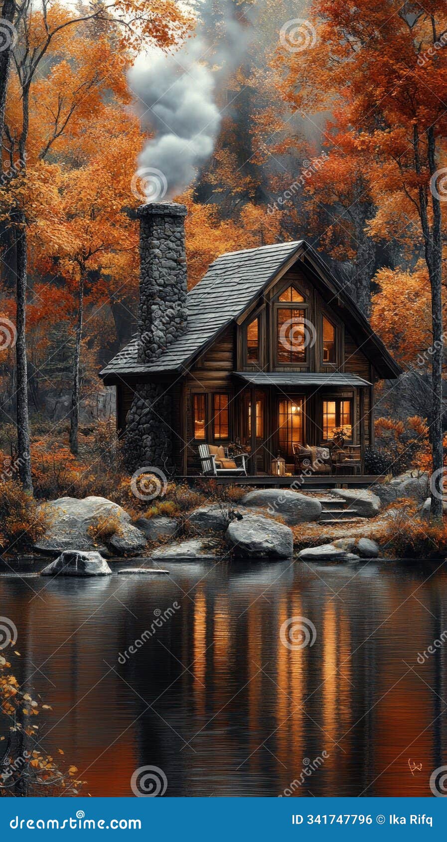 Autumn Cabin by the Lake Illustration Stock Illustration - Illustration ...