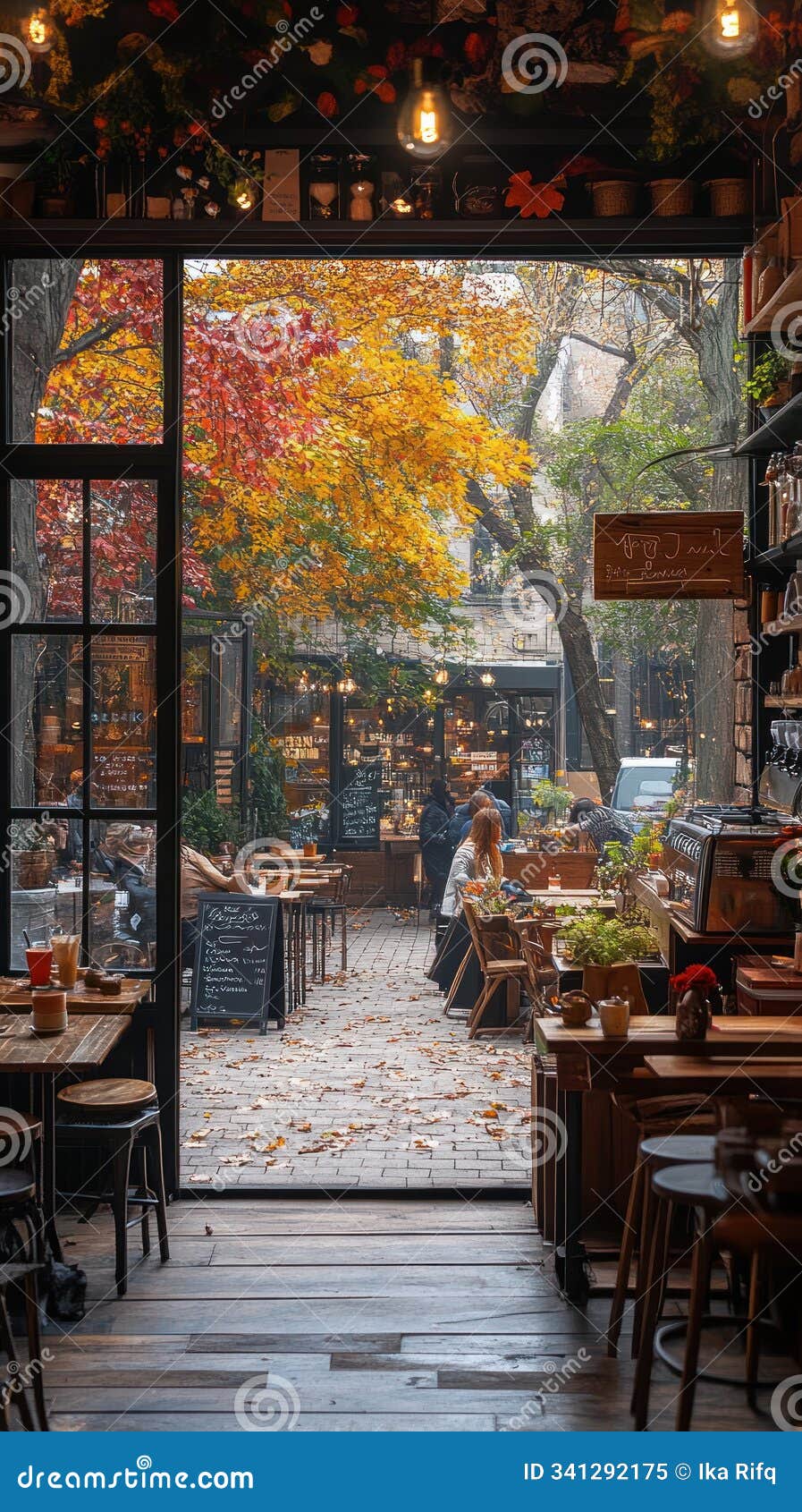 Autumn Cafe Interior with Fall Foliage View Realistic Photo Stock ...