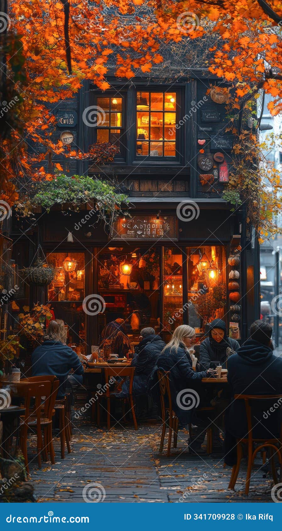 Autumn Cafe Patio with People Sitting at Tables - Realistic Image Stock ...