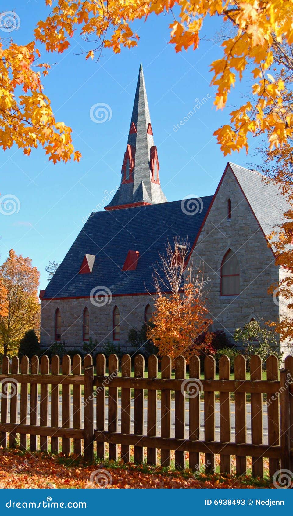 Autumn church stock image. Image of crisp, blue, fence - 6938493