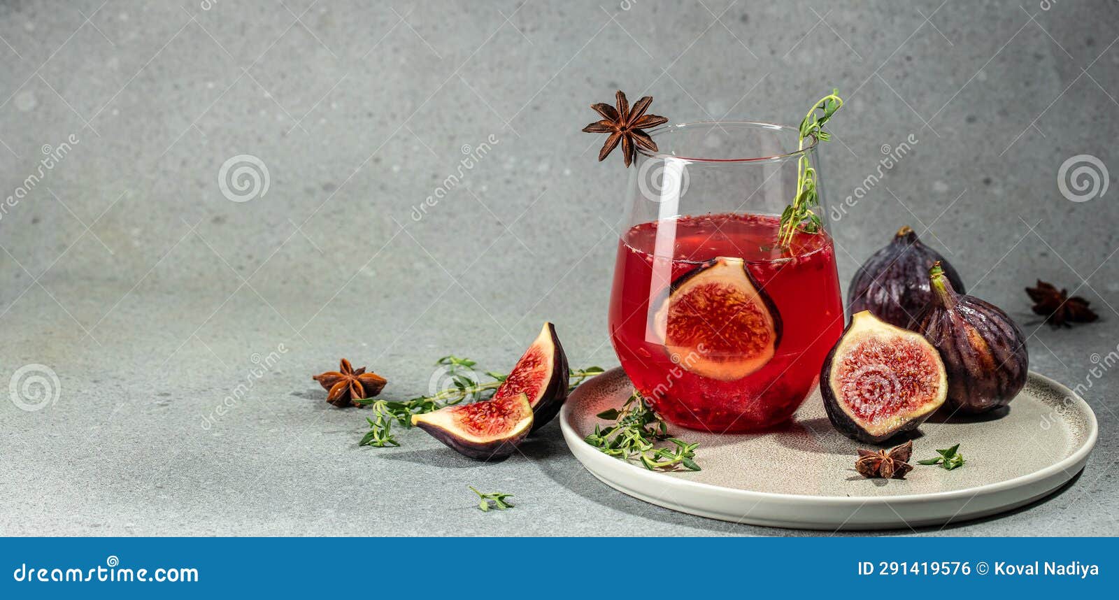 Autumn Cocktail with Thyme and Figs on a Light Background. Long Banner ...