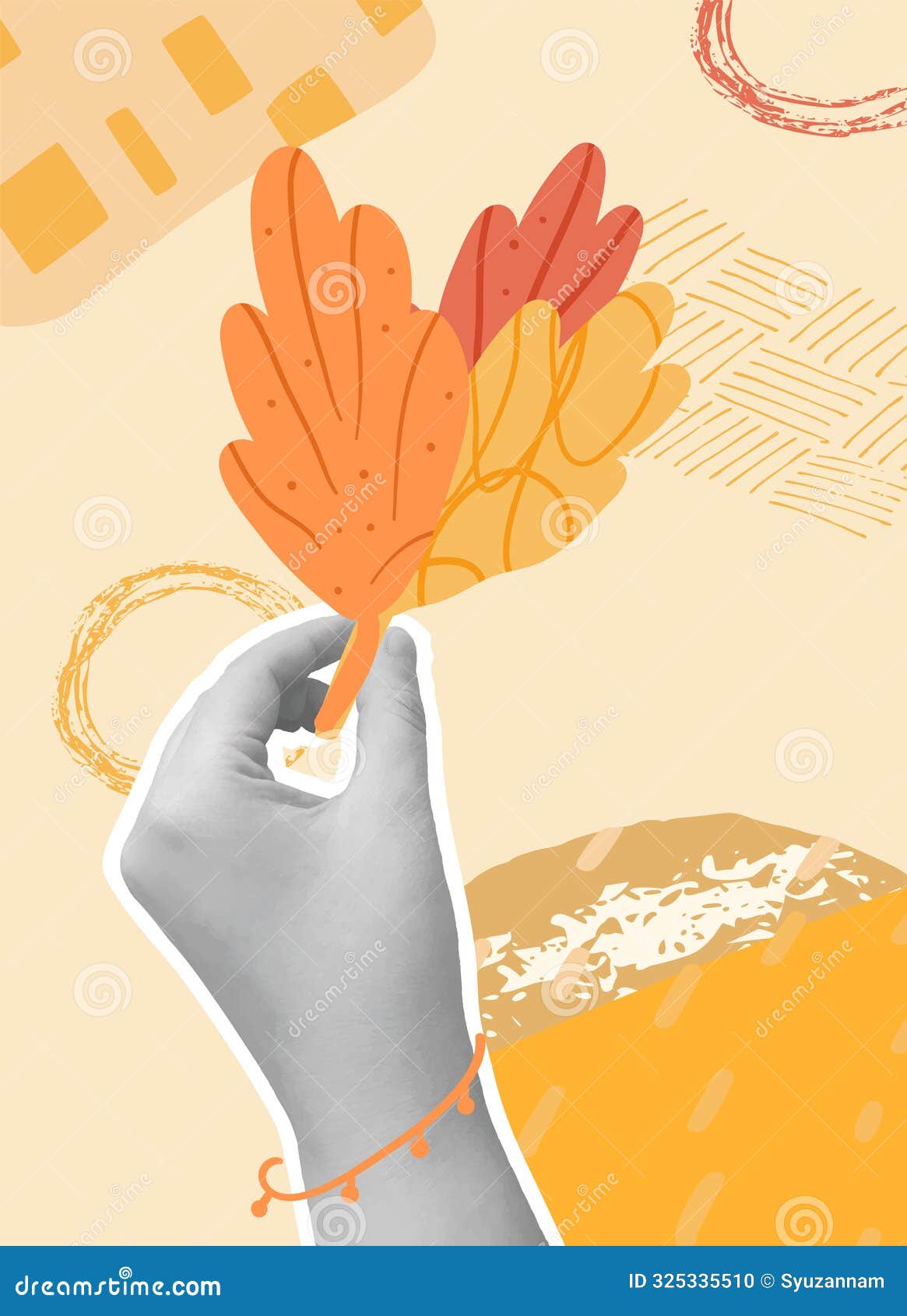 Autumn Collage Background. Hand Holding Fall Leaves. Naive Scribble ...