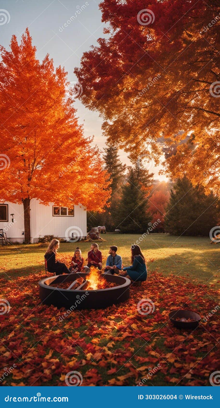 An Autumn Day, Group of People Sit Around a Fire Pit in a Field with ...