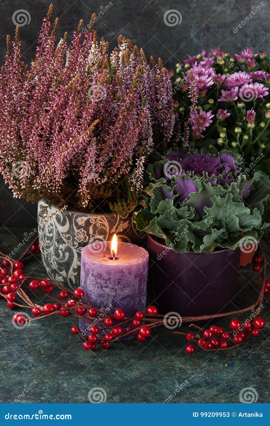 Autumn Decor with Candle and Flowers Stock Image - Image of decor ...