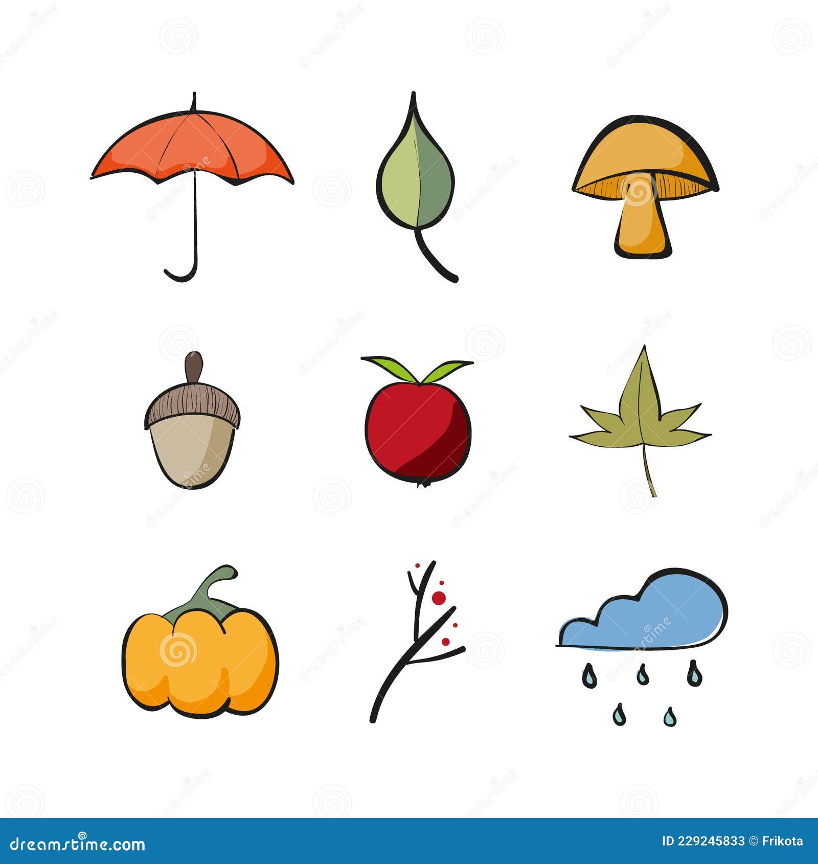 Autumn Doodles Filled Icon Set. Fall Elements. Vector Illustration ...