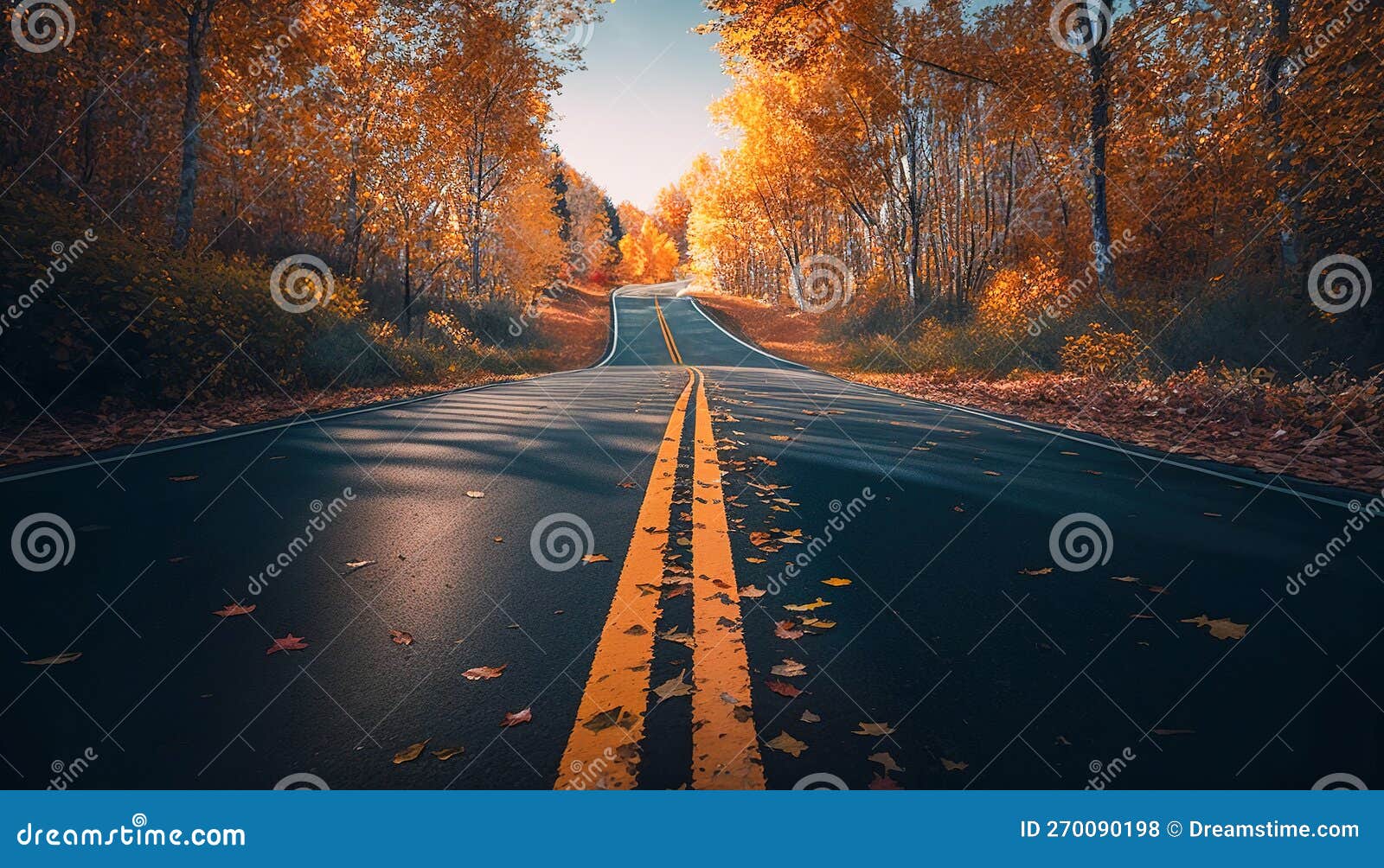 Autumn Drive, Long Empty Road with Fall Foliage and Trees, Generative ...