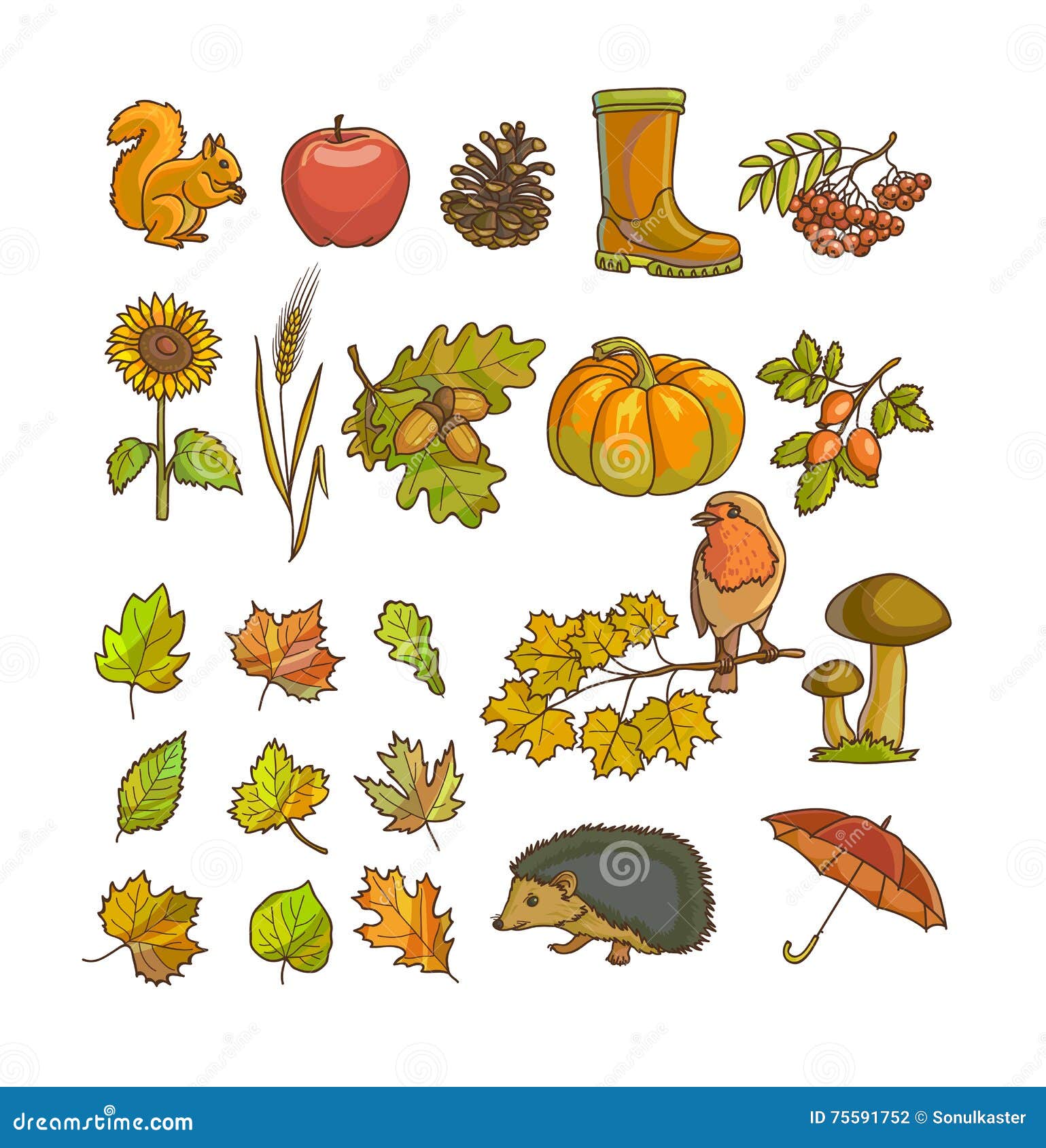 Autumn Or Fall Icon And Objects Set For Design Stock Vector