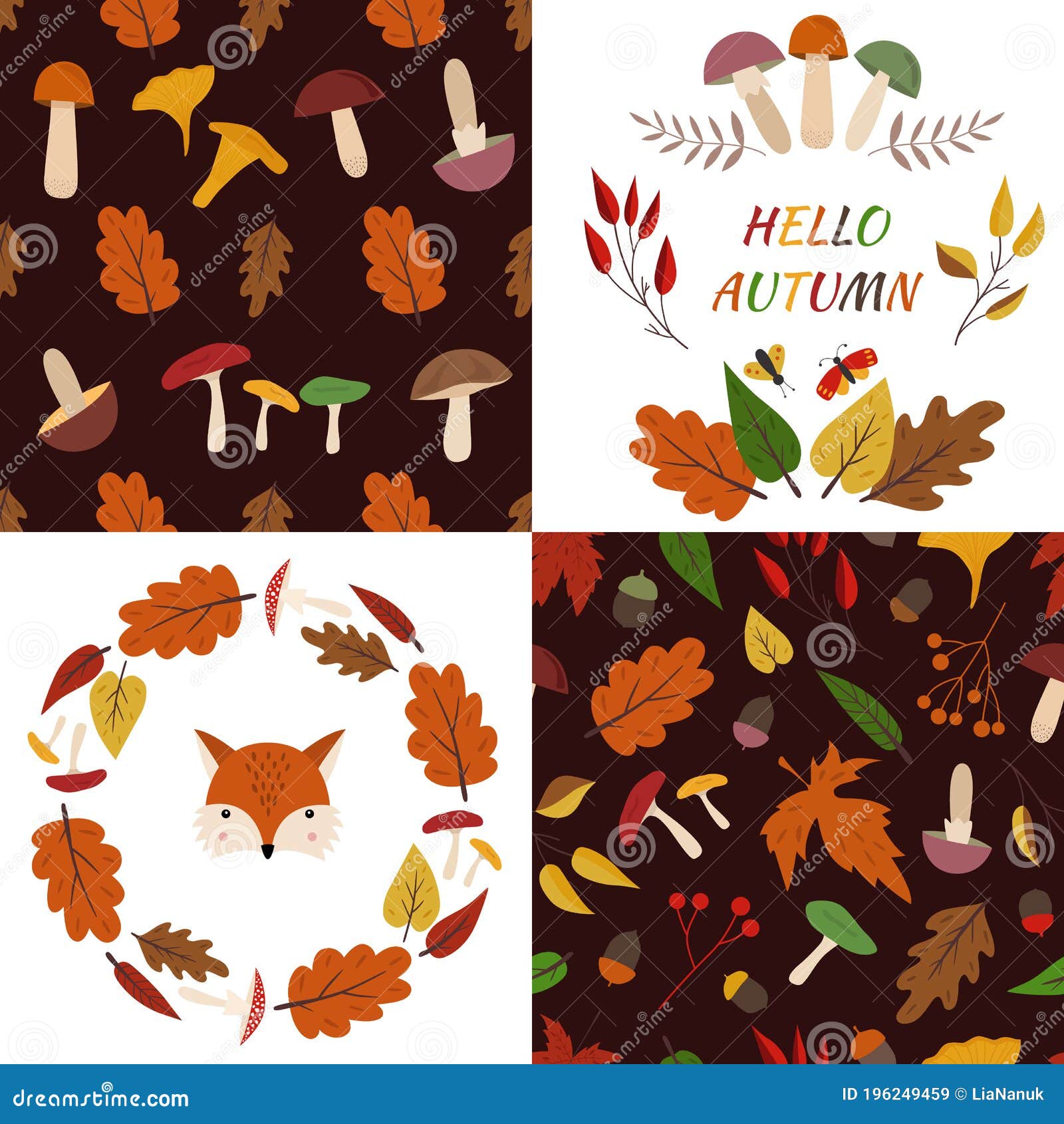Autumn Fall Set of 2 Seamless Patterns, Wreath. Fox Face. Isolated ...