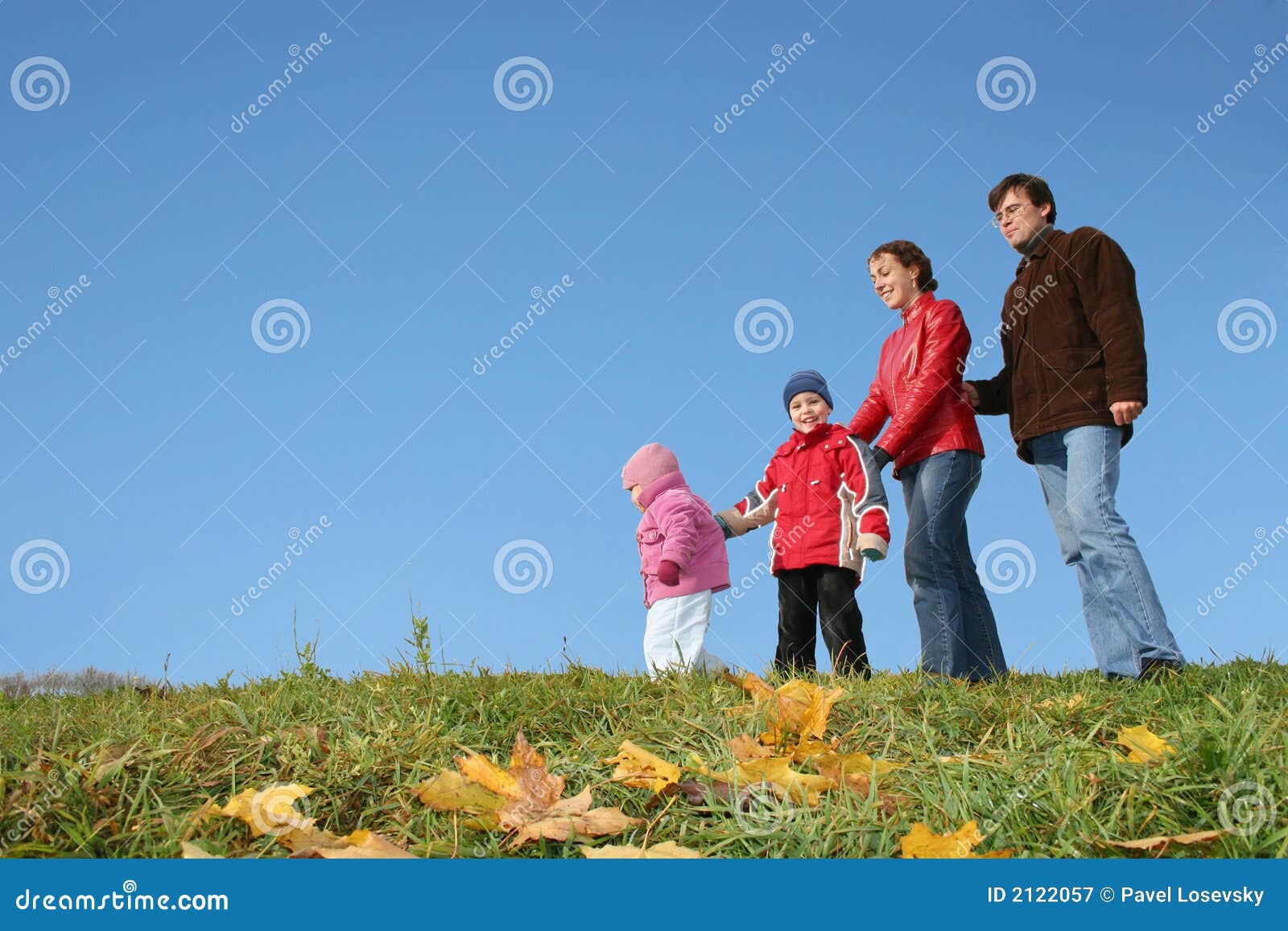 Autumn family of four stock image. Image of girls, father - 2122057