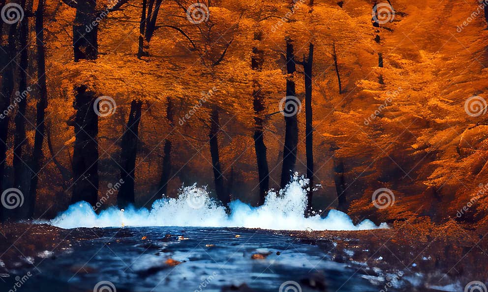 Autumn forest cascade stock illustration. Illustration of stream ...