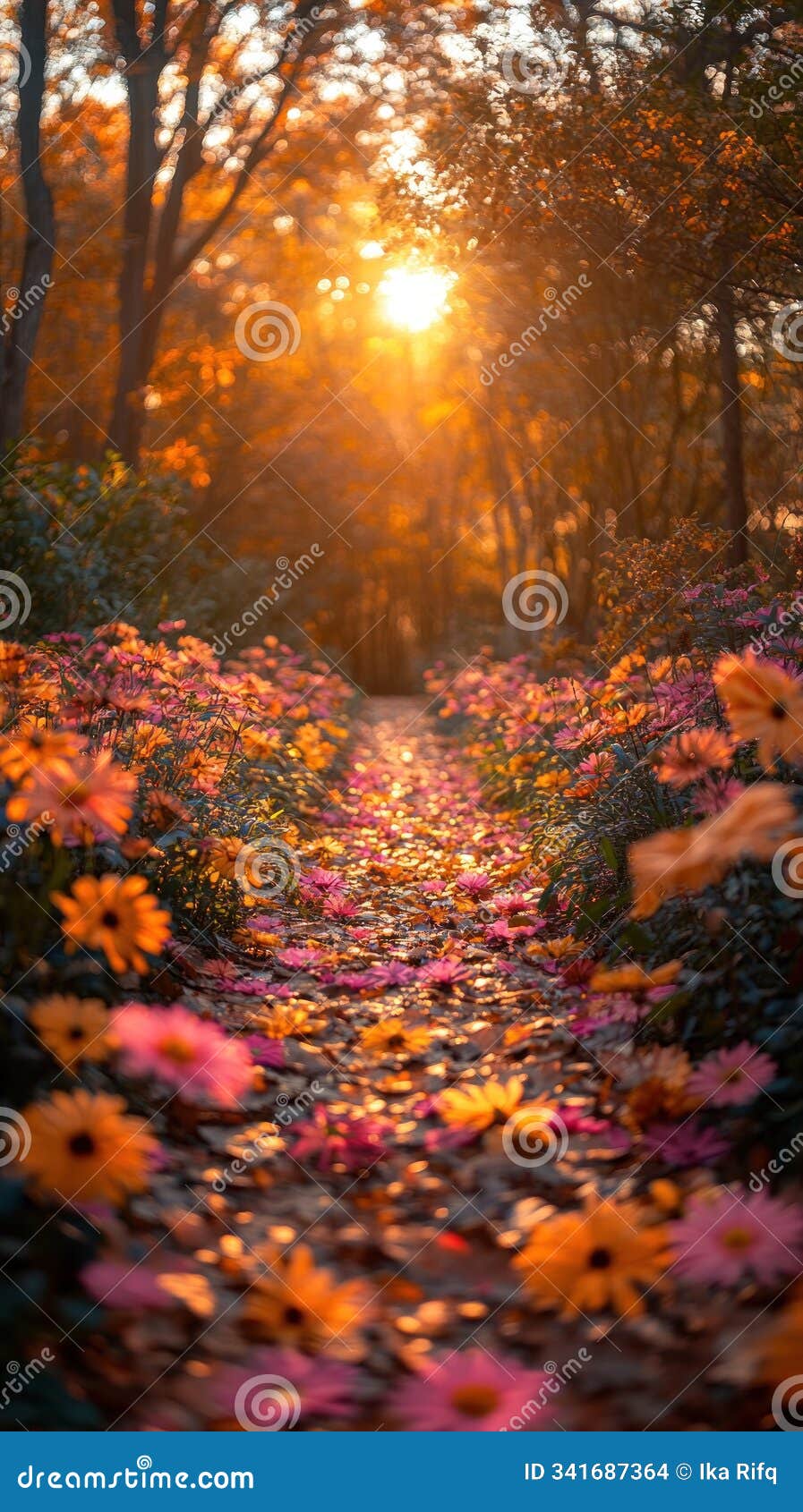 Autumn Forest Path with Flowers and Sunlight Illustration Stock ...