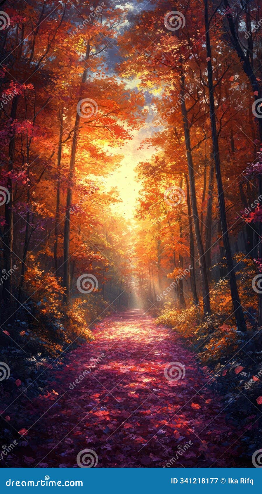 Autumn Forest Path Illustration with Sun Rays Stock Illustration ...