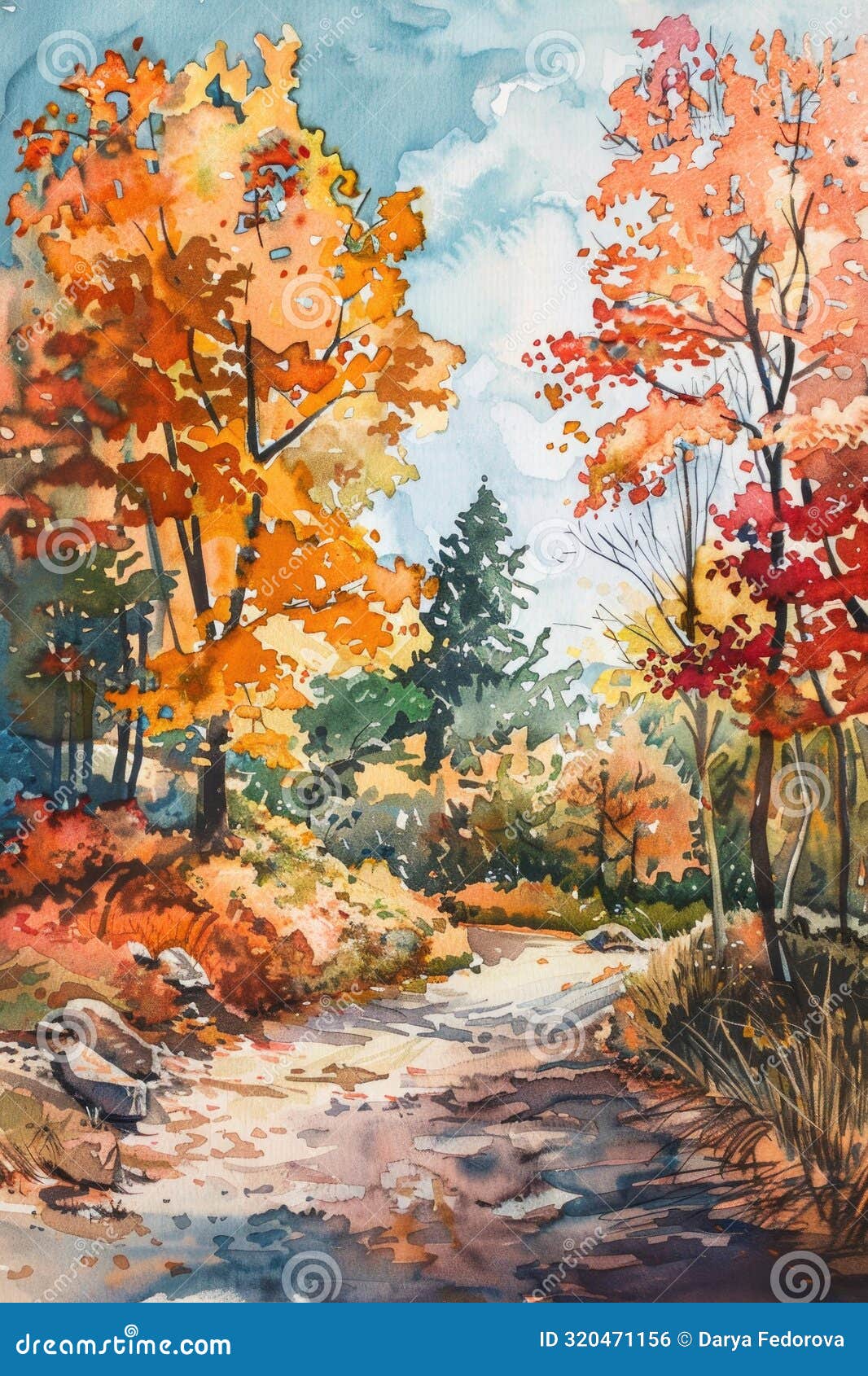Autumn Forest Path Painted in Watercolors with Vibrant Fall Foliage and ...