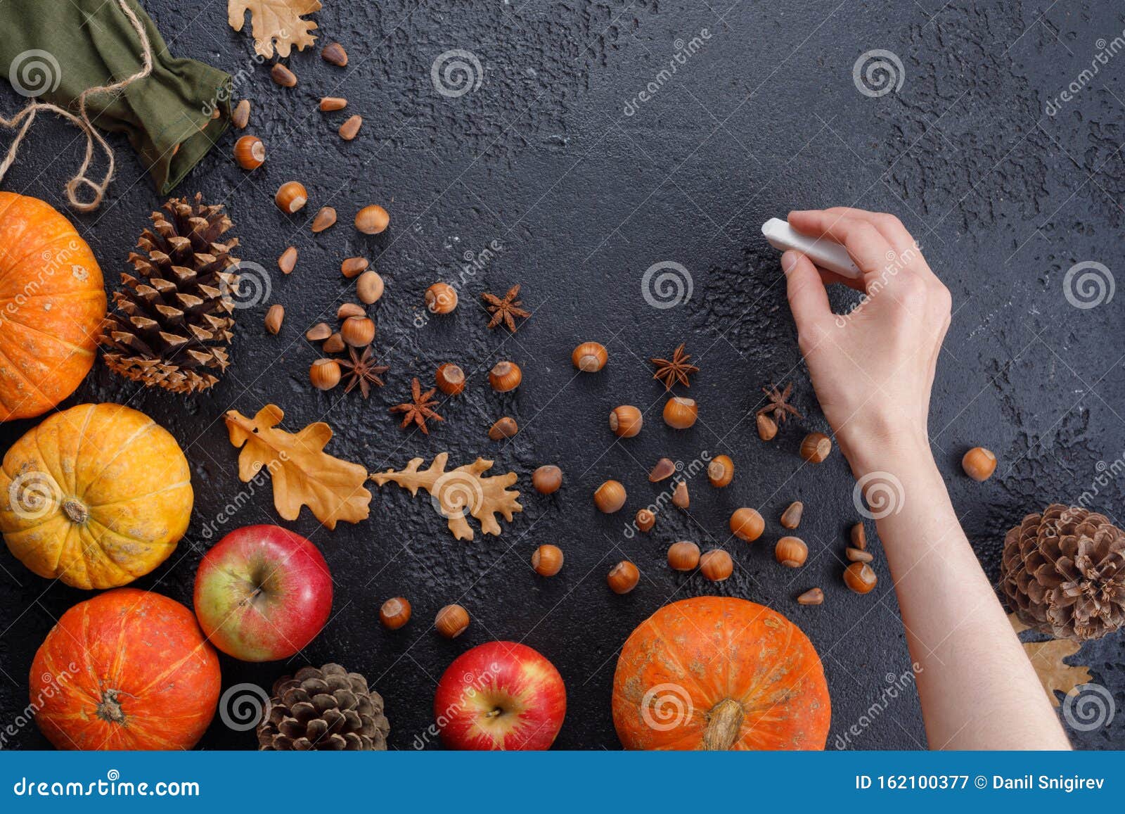 Autumn Frame of Pumpkins, Tree Leaves, Hazelnuts on a Black Textural ...