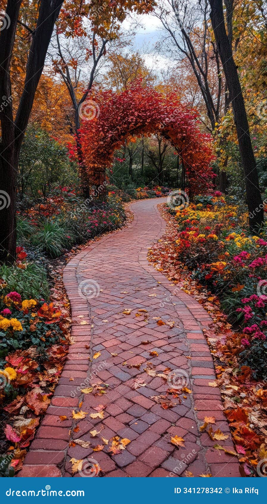 Autumn Garden Path with Red Leaves and Brick Pathway Illustration Stock ...